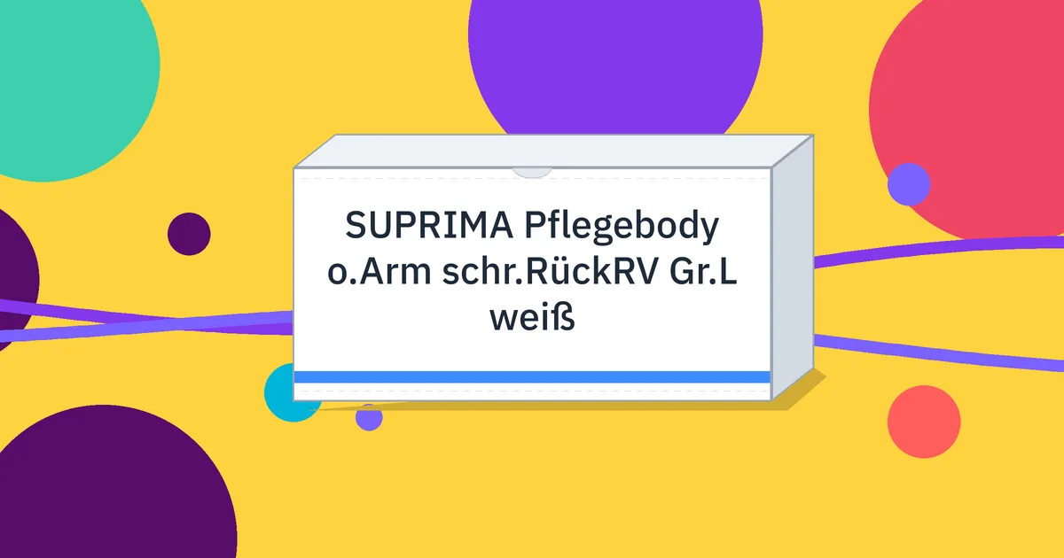 Symbolbild: Packung mit der Aufschrift SUPRIMA Pflegebody o.Arm schr.RückRV Gr.L weiß (PZN 10227526) – Verfügbarkeit und Bezug in Apotheken in Frankfurt am Main