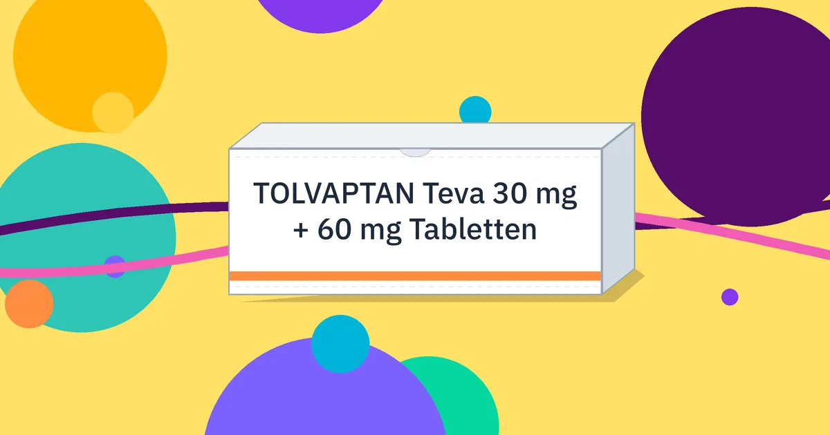 Symbolbild: Packung mit der Aufschrift TOLVAPTAN Teva 30 mg + 60 mg Tabletten (PZN 18892660) – Verfügbarkeit und Bezug in Apotheken in Frankfurt am Main