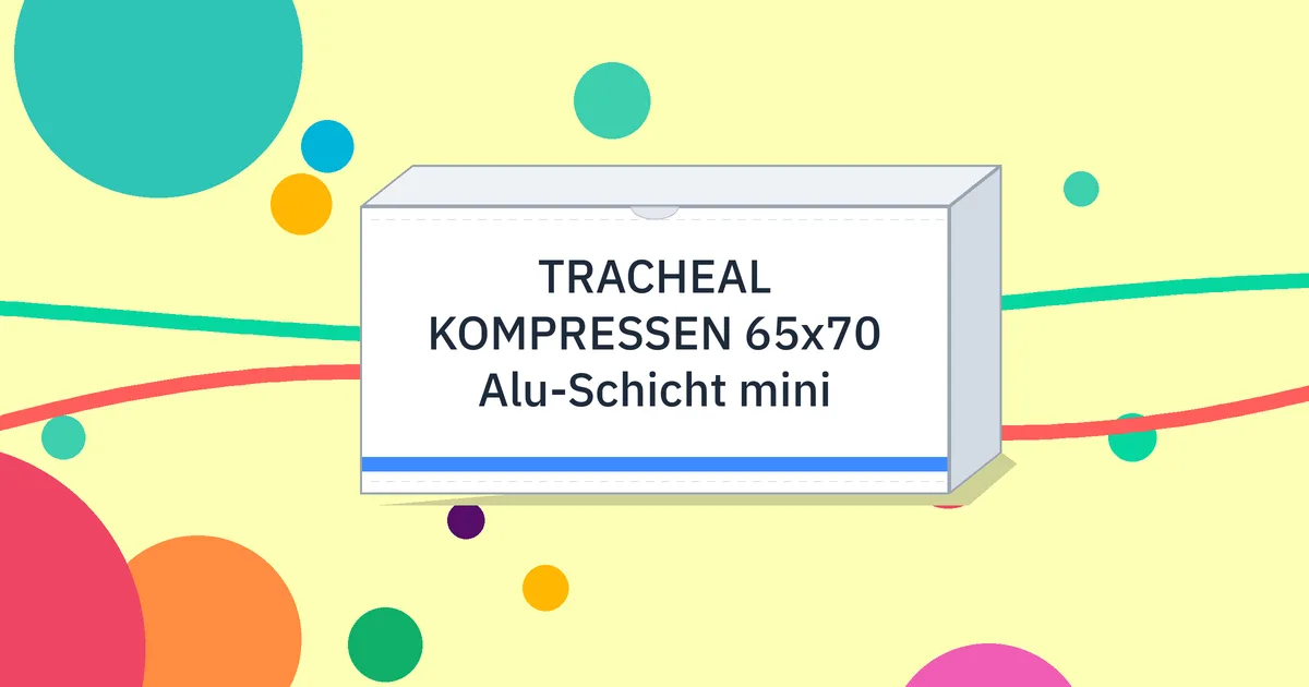 Symbolbild: Packung mit der Aufschrift TRACHEAL KOMPRESSEN 65x70 Alu-Schicht mini (PZN 03802734) – Verfügbarkeit und Bezug in Apotheken in Frankfurt am Main