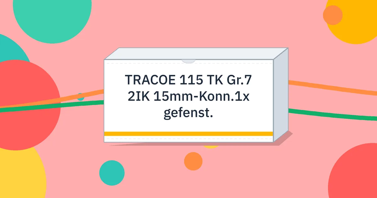 Symbolbild: Packung mit der Aufschrift TRACOE 115 TK Gr.7 2IK 15mm-Konn.1x gefenst. (PZN 00004570) – Verfügbarkeit und Bezug in Apotheken in Frankfurt am Main