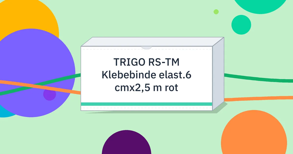Symbolbild: Packung mit der Aufschrift TRIGO RS-TM Klebebinde elast.6 cmx2,5 m rot (PZN 20342843) – Verfügbarkeit und Bezug in Apotheken in Frankfurt am Main