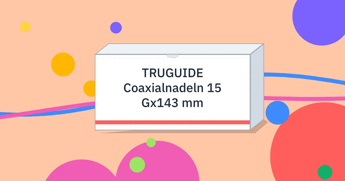 Symbolbild: Packung mit der Aufschrift TRUGUIDE Coaxialnadeln 15 Gx143 mm (PZN 03406145) – Verfügbarkeit und Bezug in Apotheken in Frankfurt am Main