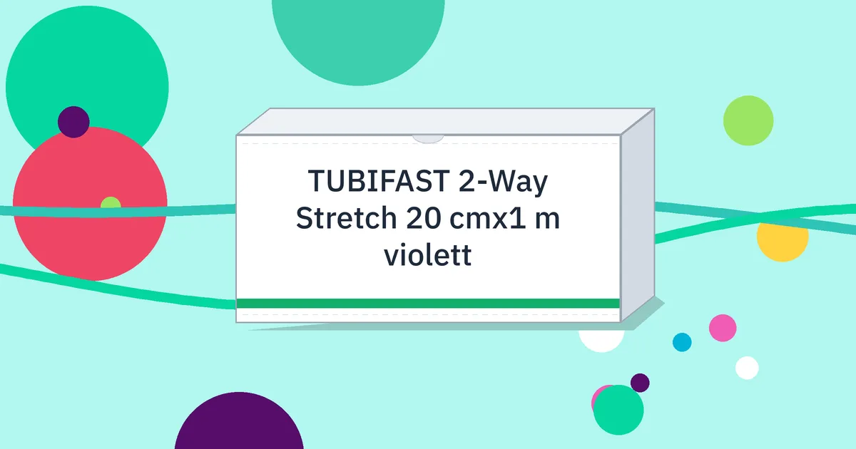 Symbolbild: Packung mit der Aufschrift TUBIFAST 2-Way Stretch 20 cmx1 m violett (PZN 14333917) – Verfügbarkeit und Bezug in Apotheken in Frankfurt am Main