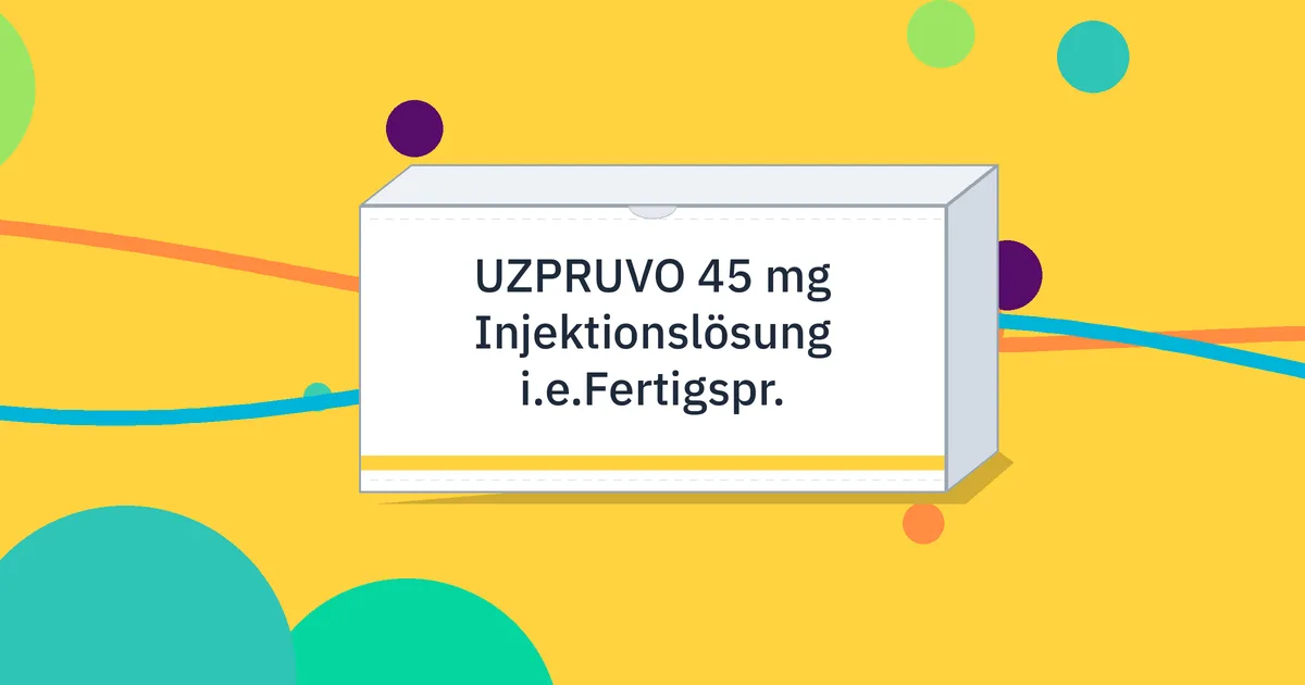 Symbolbild: Packung mit der Aufschrift UZPRUVO 45 mg Injektionslösung i.e.Fertigspr. (PZN 19720122) – Verfügbarkeit und Bezug in Apotheken in Frankfurt am Main