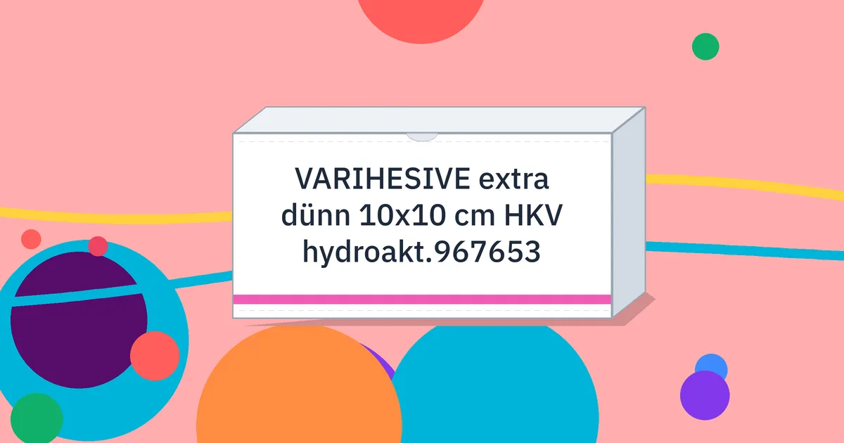 Symbolbild: Packung mit der Aufschrift VARIHESIVE extra dünn 10x10 cm HKV hydroakt.967653 (PZN 09505055) – Verfügbarkeit und Bezug in Apotheken in Frankfurt am Main