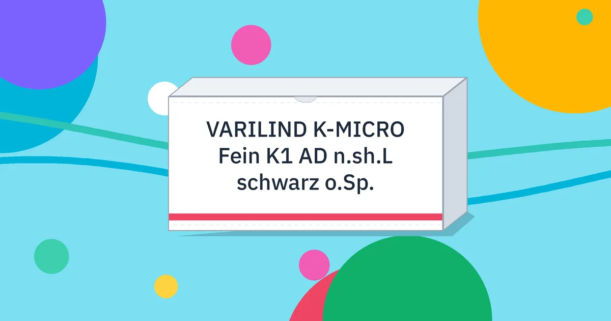 Symbolbild: Packung mit der Aufschrift VARILIND K-MICRO Fein K1 AD n.sh.L schwarz o.Sp. (PZN 20557934) – Verfügbarkeit und Bezug in Apotheken in Frankfurt am Main