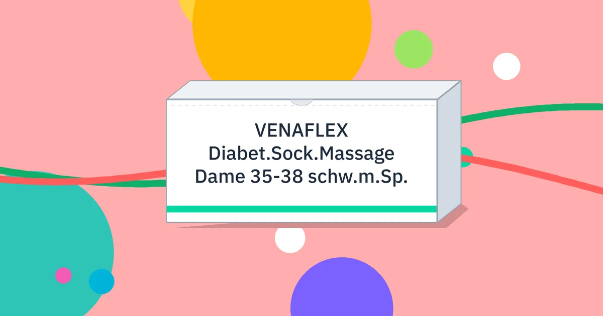 Symbolbild: Packung mit der Aufschrift VENAFLEX Diabet.Sock.Massage Dame 35-38 schw.m.Sp. (PZN 18309519) – Verfügbarkeit und Bezug in Apotheken in Frankfurt am Main