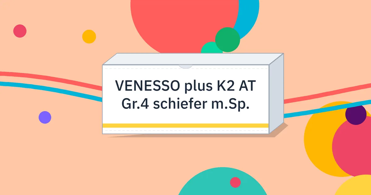 Symbolbild: Packung mit der Aufschrift VENESSO plus K2 AT Gr.4 schiefer m.Sp. (PZN 03286876) – Verfügbarkeit und Bezug in Apotheken in Frankfurt am Main