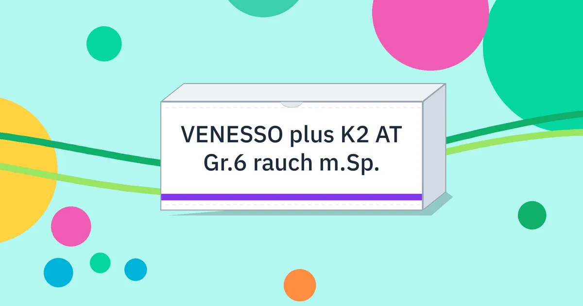 Symbolbild: Packung mit der Aufschrift VENESSO plus K2 AT Gr.6 rauch m.Sp. (PZN 03285865) – Verfügbarkeit und Bezug in Apotheken in Frankfurt am Main