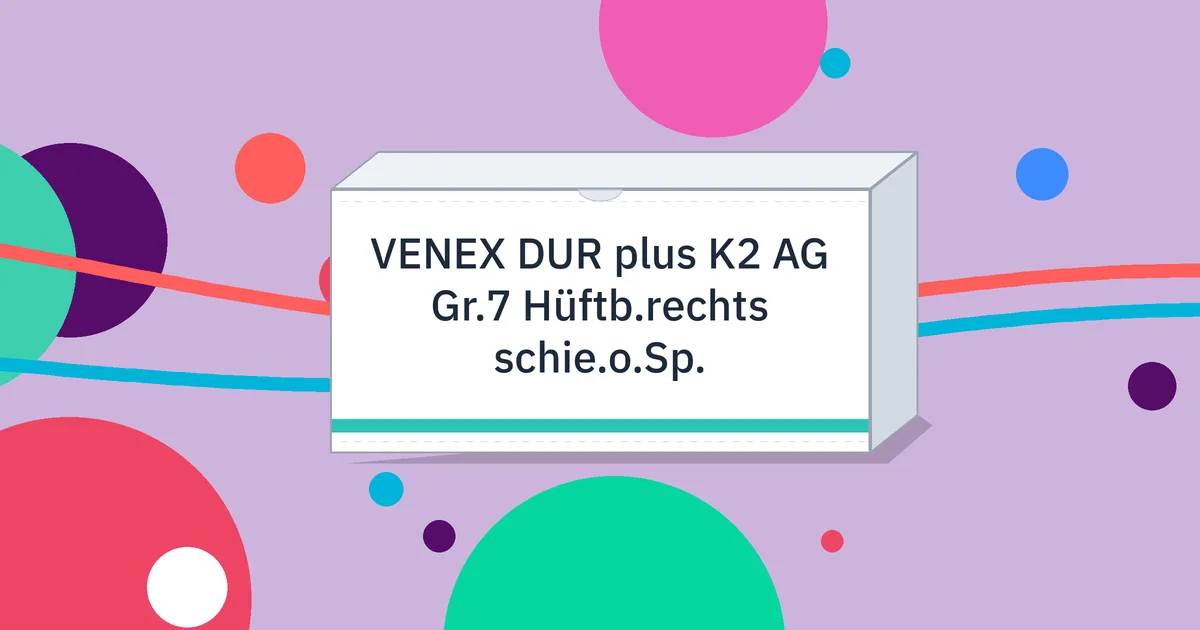 Symbolbild: Packung mit der Aufschrift VENEX DUR plus K2 AG Gr.7 Hüftb.rechts schie.o.Sp. (PZN 03242873) – Verfügbarkeit und Bezug in Apotheken in Frankfurt am Main