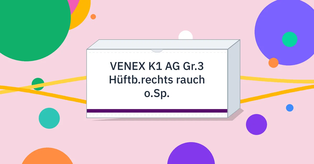 Symbolbild: Packung mit der Aufschrift VENEX K1 AG Gr.3 Hüftb.rechts rauch o.Sp. (PZN 03207144) – Verfügbarkeit und Bezug in Apotheken in Frankfurt am Main