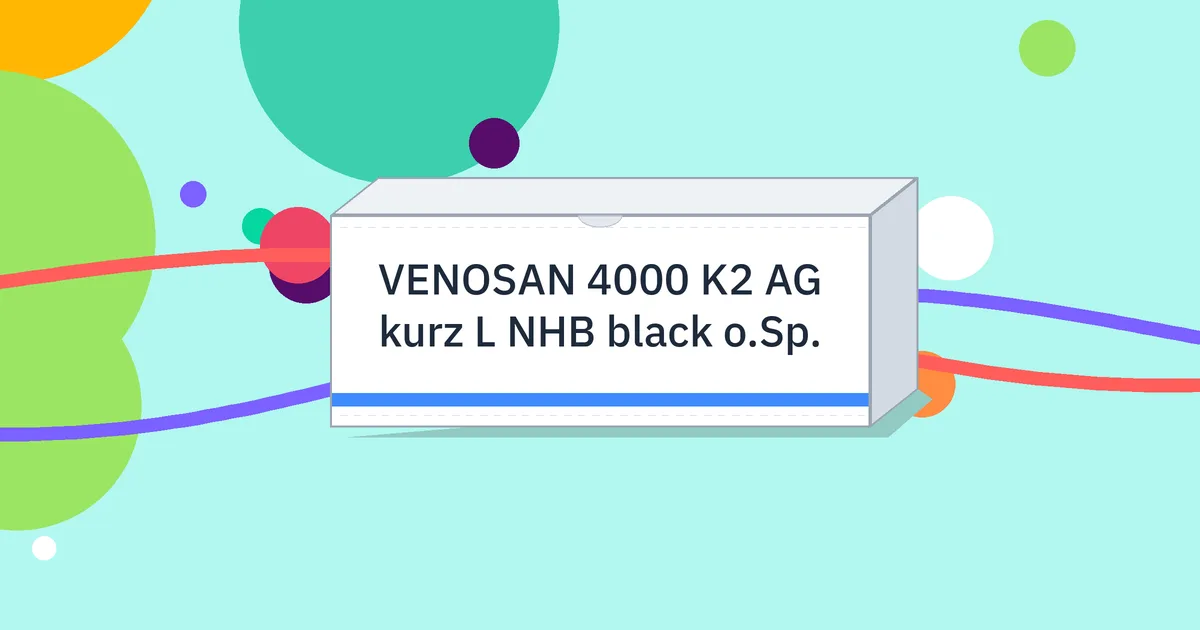 Symbolbild: Packung mit der Aufschrift VENOSAN 4000 K2 AG kurz L NHB black o.Sp. (PZN 14427920) – Verfügbarkeit und Bezug in Apotheken in Frankfurt am Main