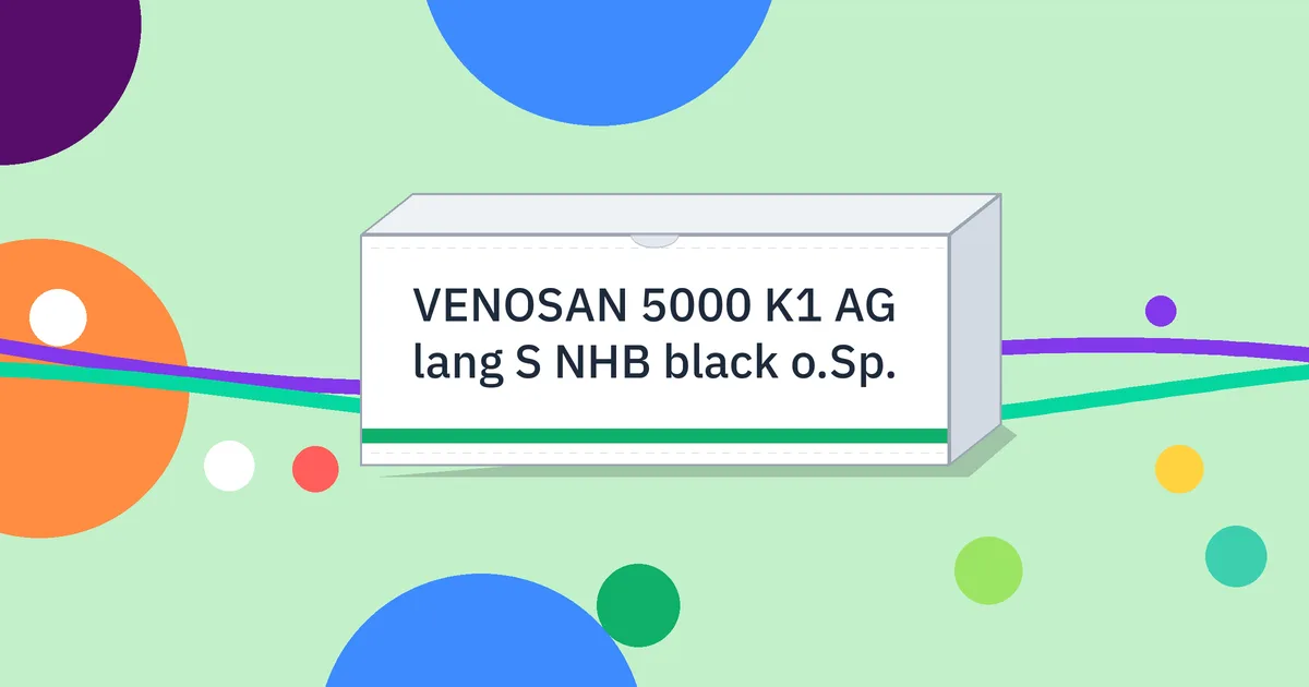 Symbolbild: Packung mit der Aufschrift VENOSAN 5000 K1 AG lang S NHB black o.Sp. (PZN 14432909) – Verfügbarkeit und Bezug in Apotheken in Frankfurt am Main