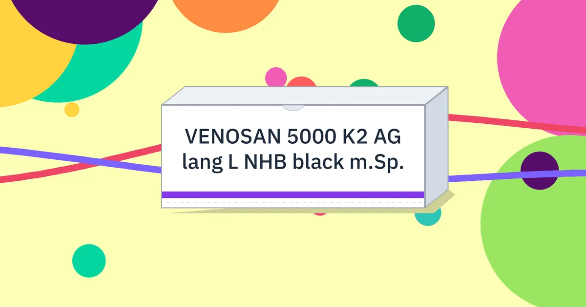 Symbolbild: Packung mit der Aufschrift VENOSAN 5000 K2 AG lang L NHB black m.Sp. (PZN 14433671) – Verfügbarkeit und Bezug in Apotheken in Frankfurt am Main