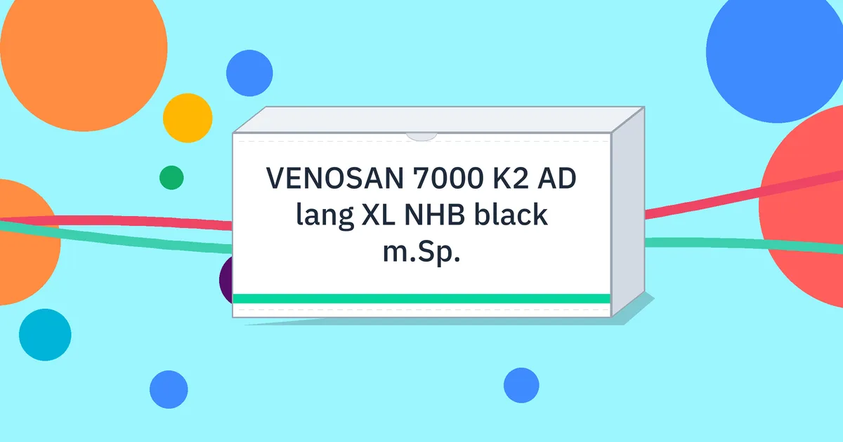 Symbolbild: Packung mit der Aufschrift VENOSAN 7000 K2 AD lang XL NHB black m.Sp. (PZN 14435753) – Verfügbarkeit und Bezug in Apotheken in Frankfurt am Main