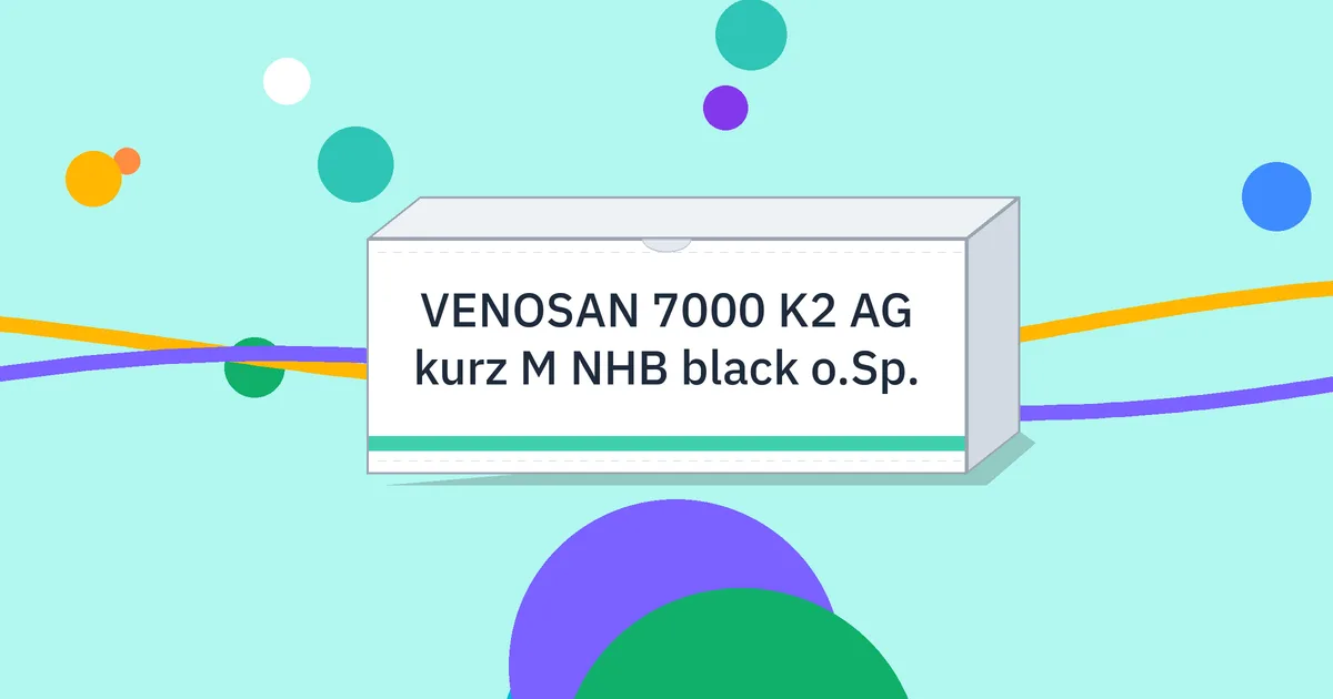 Symbolbild: Packung mit der Aufschrift VENOSAN 7000 K2 AG kurz M NHB black o.Sp. (PZN 14435983) – Verfügbarkeit und Bezug in Apotheken in Frankfurt am Main