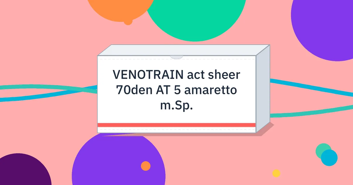 Symbolbild: Packung mit der Aufschrift VENOTRAIN act sheer 70den AT 5 amaretto m.Sp. (PZN 16206695) – Verfügbarkeit und Bezug in Apotheken in Frankfurt am Main