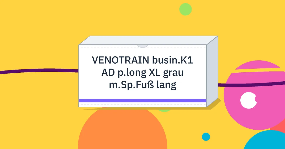 Symbolbild: Packung mit der Aufschrift VENOTRAIN busin.K1 AD p.long XL grau m.Sp.Fuß lang (PZN 19056569) – Verfügbarkeit und Bezug in Apotheken in Frankfurt am Main
