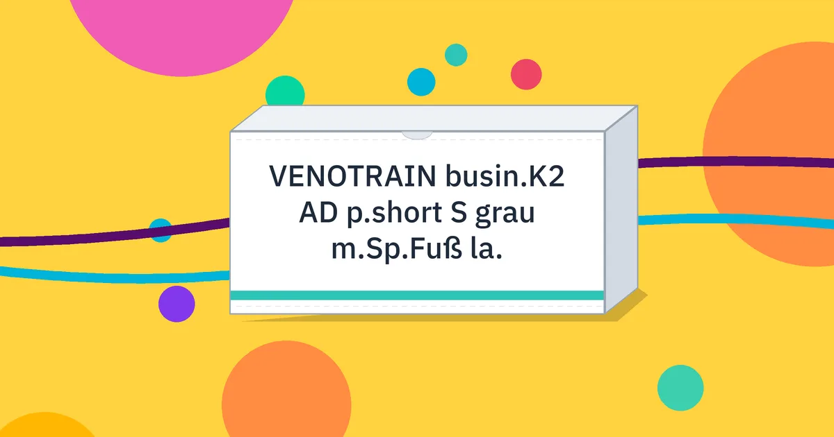 Symbolbild: Packung mit der Aufschrift VENOTRAIN busin.K2 AD p.short S grau m.Sp.Fuß la. (PZN 19056859) – Verfügbarkeit und Bezug in Apotheken in Frankfurt am Main