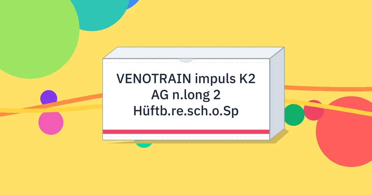 Symbolbild: Packung mit der Aufschrift VENOTRAIN impuls K2 AG n.long 2 Hüftb.re.sch.o.Sp (PZN 10293291) – Verfügbarkeit und Bezug in Apotheken in Frankfurt am Main