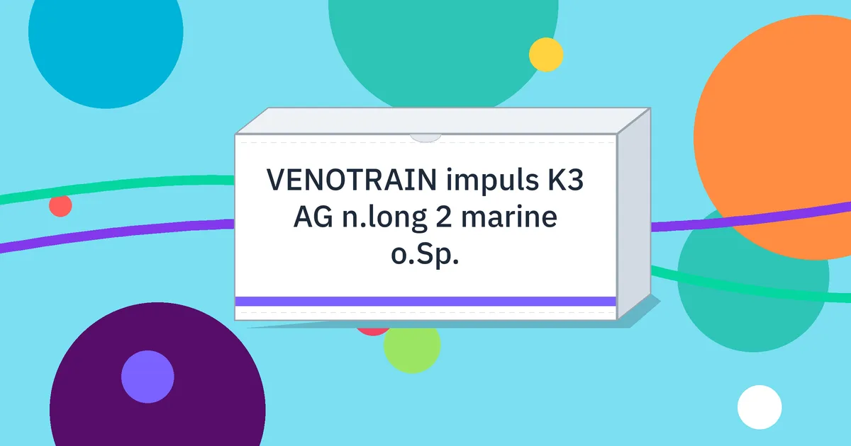 Symbolbild: Packung mit der Aufschrift VENOTRAIN impuls K3 AG n.long 2 marine o.Sp. (PZN 15213210) – Verfügbarkeit und Bezug in Apotheken in Frankfurt am Main