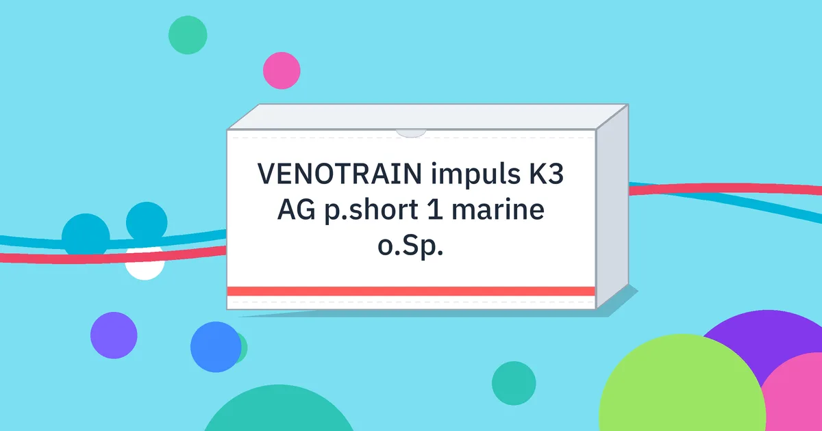 Symbolbild: Packung mit der Aufschrift VENOTRAIN impuls K3 AG p.short 1 marine o.Sp. (PZN 15213279) – Verfügbarkeit und Bezug in Apotheken in Frankfurt am Main