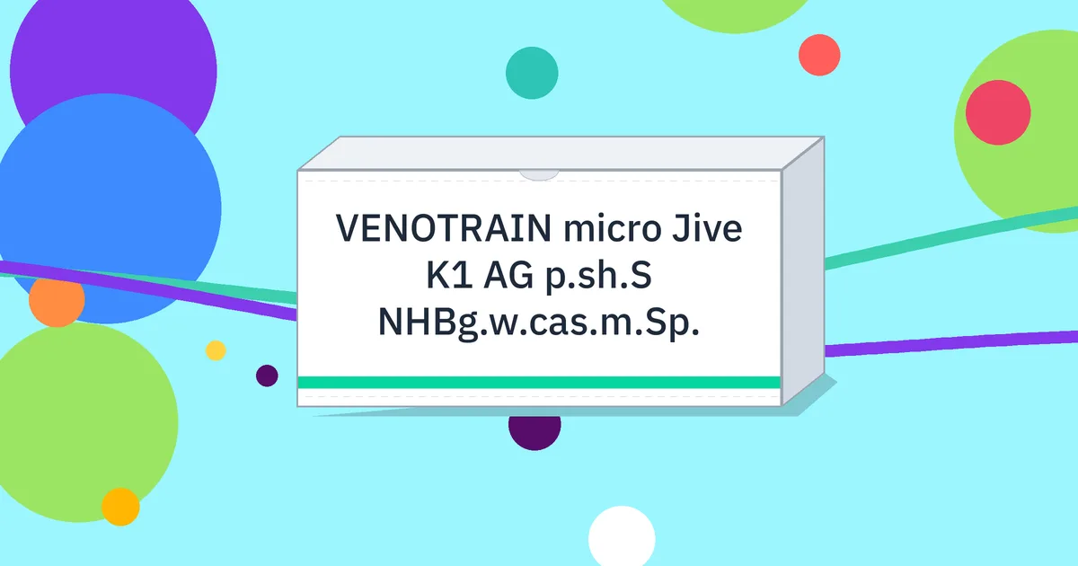 Symbolbild: Packung mit der Aufschrift VENOTRAIN micro Jive K1 AG p.sh.S NHBg.w.cas.m.Sp. (PZN 20767896) – Verfügbarkeit und Bezug in Apotheken in Frankfurt am Main