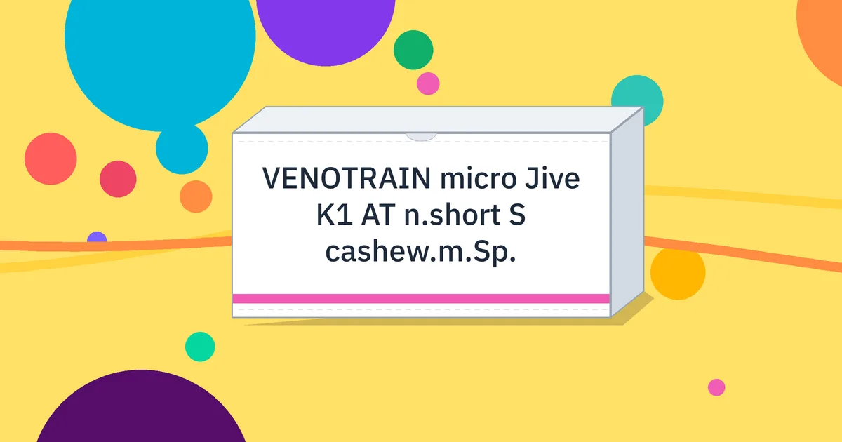 Symbolbild: Packung mit der Aufschrift VENOTRAIN micro Jive K1 AT n.short S cashew.m.Sp. (PZN 20765851) – Verfügbarkeit und Bezug in Apotheken in Frankfurt am Main