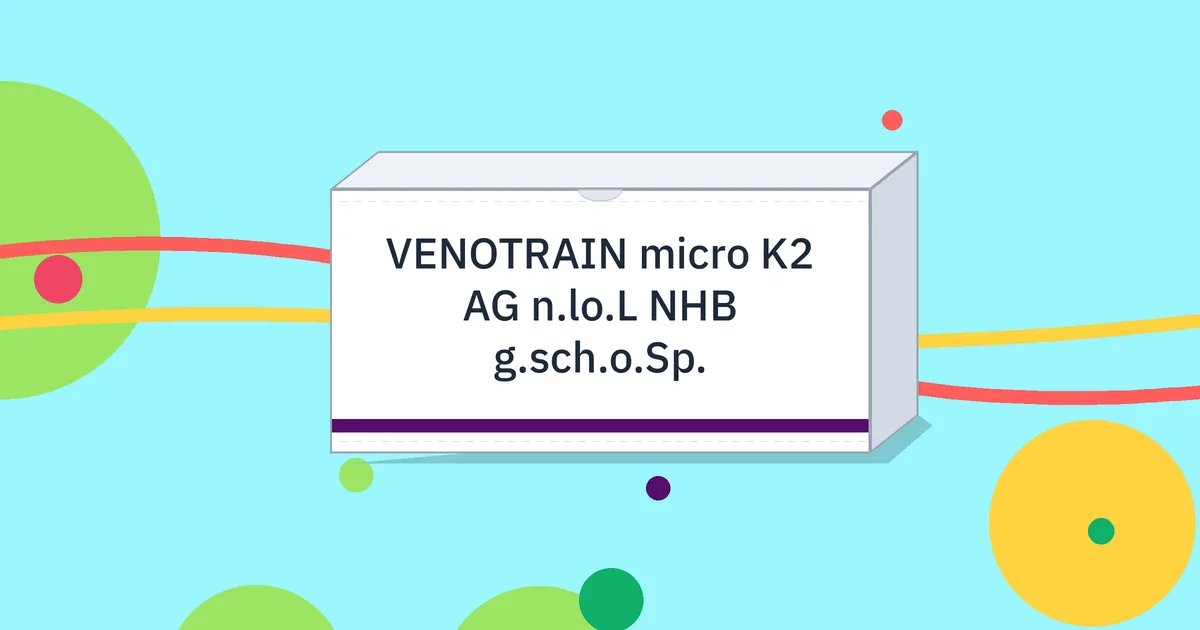 Symbolbild: Packung mit der Aufschrift VENOTRAIN micro K2 AG n.lo.L NHB g.sch.o.Sp. (PZN 06050275) – Verfügbarkeit und Bezug in Apotheken in Frankfurt am Main