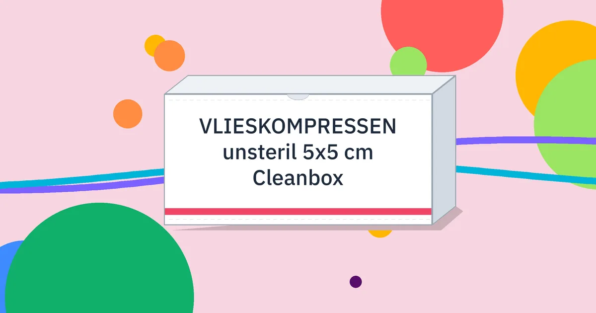 Symbolbild: Packung mit der Aufschrift VLIESKOMPRESSEN unsteril 5x5 cm Cleanbox (PZN 17562185) – Verfügbarkeit und Bezug in Apotheken in Frankfurt am Main