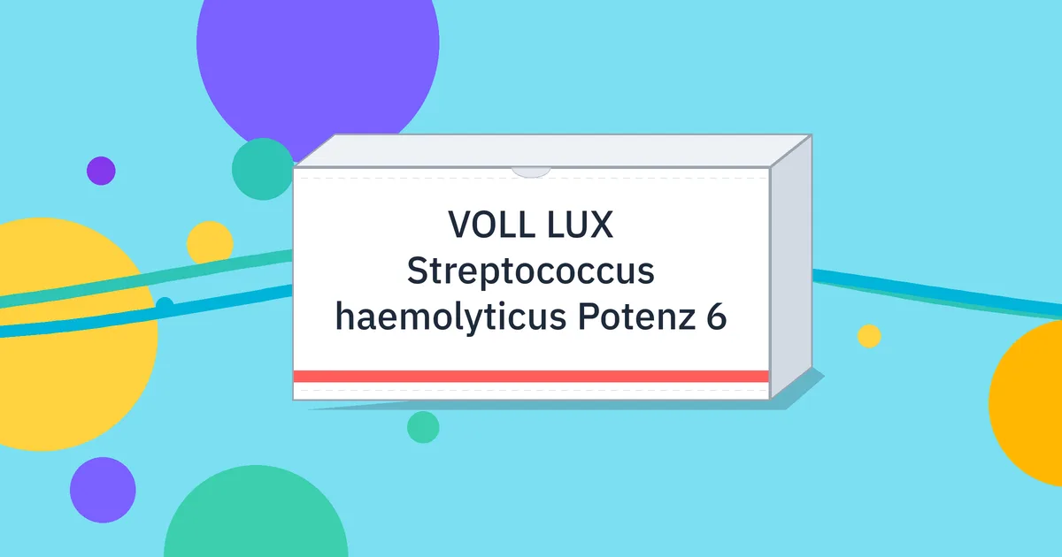 Symbolbild: Packung mit der Aufschrift VOLL LUX Streptococcus haemolyticus Potenz 6 (PZN 12390905) – Verfügbarkeit und Bezug in Apotheken in Frankfurt am Main