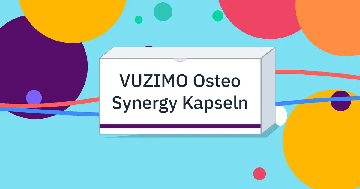 Symbolbild: Packung mit der Aufschrift VUZIMO Osteo Synergy Kapseln (PZN 20918817) – Verfügbarkeit und Bezug in Apotheken in Frankfurt am Main