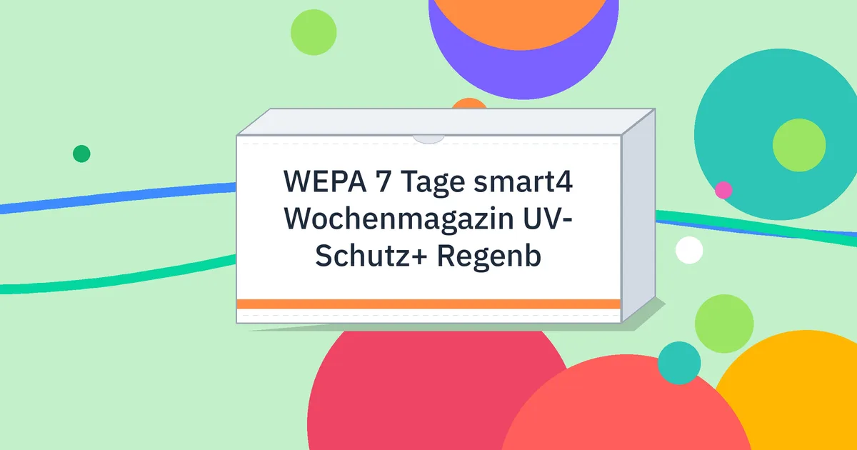 Symbolbild: Packung mit der Aufschrift WEPA 7 Tage smart4 Wochenmagazin UV-Schutz+ Regenb (PZN 19226356) – Verfügbarkeit und Bezug in Apotheken in Frankfurt am Main