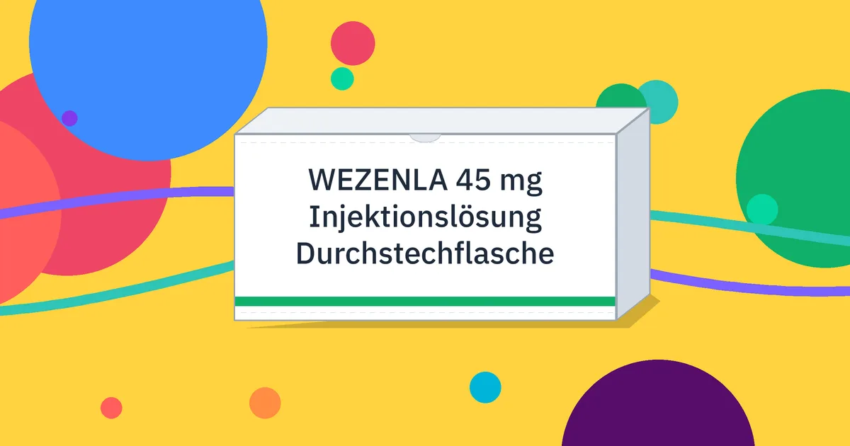 Symbolbild: Packung mit der Aufschrift WEZENLA 45 mg Injektionslösung Durchstechflasche (PZN 19279513) – Verfügbarkeit und Bezug in Apotheken in Frankfurt am Main