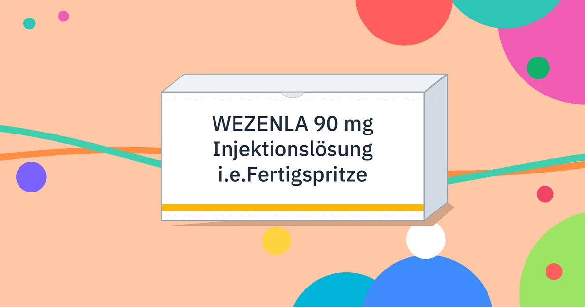 Symbolbild: Packung mit der Aufschrift WEZENLA 90 mg Injektionslösung i.e.Fertigspritze (PZN 19624275) – Verfügbarkeit und Bezug in Apotheken in Frankfurt am Main