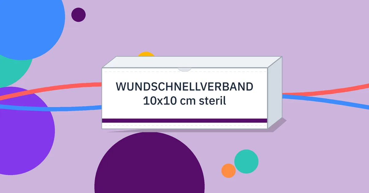 Symbolbild: Packung mit der Aufschrift WUNDSCHNELLVERBAND 10x10 cm steril (PZN 20123638) – Verfügbarkeit und Bezug in Apotheken in Frankfurt am Main