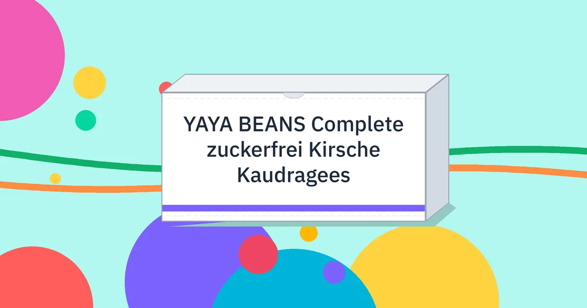 Symbolbild: Packung mit der Aufschrift YAYA BEANS Complete zuckerfrei Kirsche Kaudragees (PZN 17935858) – Verfügbarkeit und Bezug in Apotheken in Frankfurt am Main