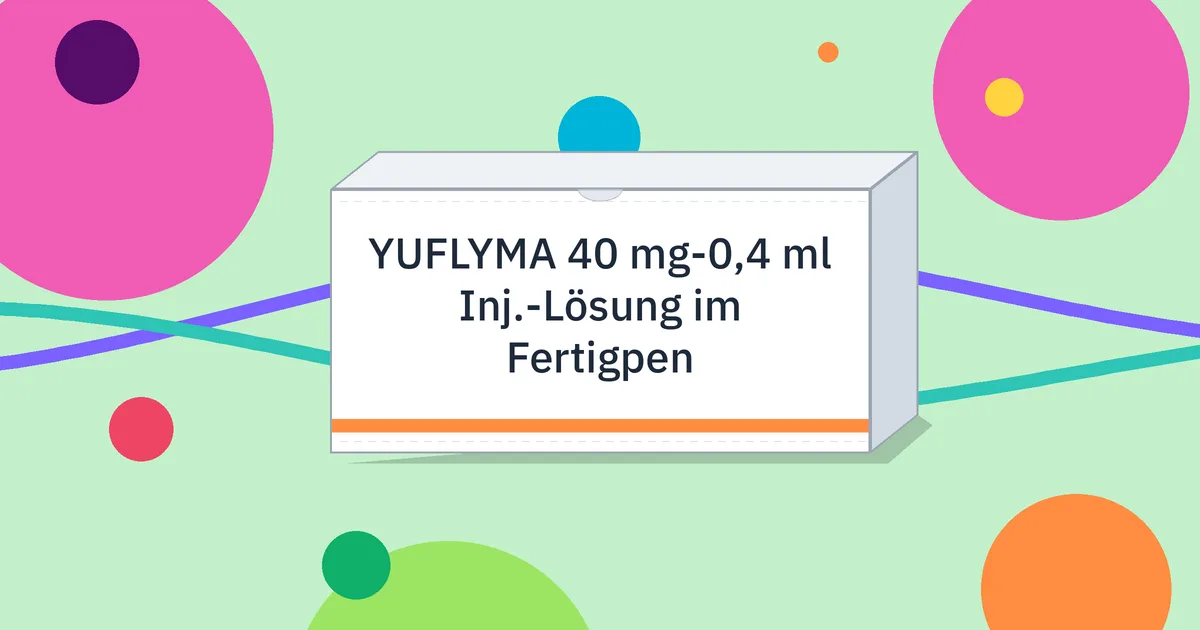 Symbolbild: Packung mit der Aufschrift YUFLYMA 40 mg-0,4 ml Inj.-Lösung im Fertigpen (PZN 18274643) – Verfügbarkeit und Bezug in Apotheken in Frankfurt am Main