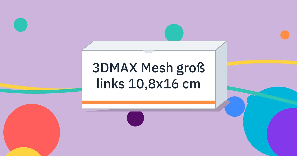 Symbolbild: Packung mit der Aufschrift 3DMAX Mesh groß links 10,8x16 cm (PZN 03750351) – Verfügbarkeit und Bezug in Apotheken in Frankfurt am Main