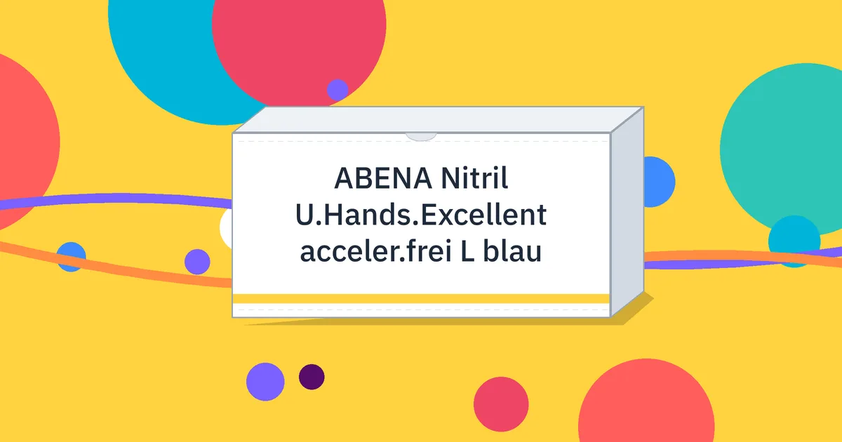 Symbolbild: Packung mit der Aufschrift ABENA Nitril U.Hands.Excellent acceler.frei L blau (PZN 20169273) – Verfügbarkeit und Bezug in Apotheken in Frankfurt am Main