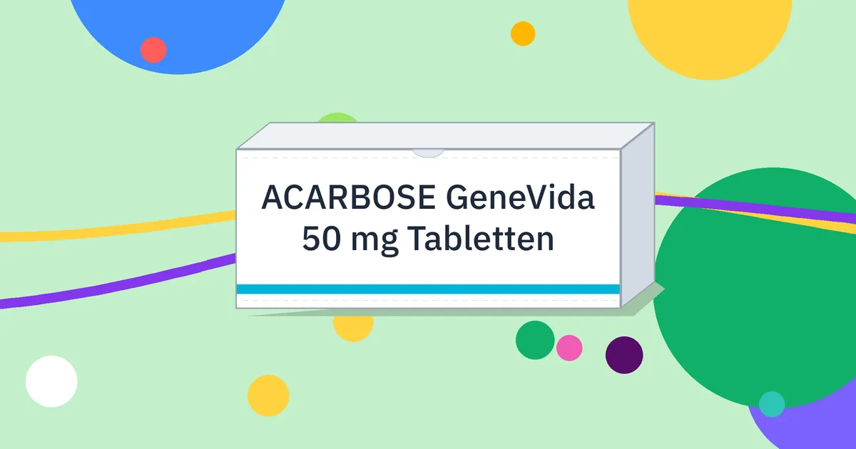 Symbolbild: Packung mit der Aufschrift ACARBOSE GeneVida 50 mg Tabletten (PZN 10979516) – Verfügbarkeit und Bezug in Apotheken in Frankfurt am Main