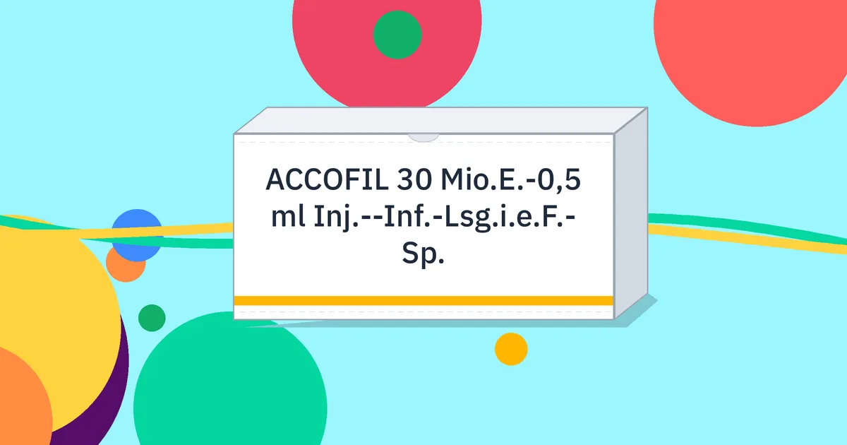 Symbolbild: Packung mit der Aufschrift ACCOFIL 30 Mio.E.-0,5 ml Inj.--Inf.-Lsg.i.e.F.-Sp. (PZN 16004000) – Verfügbarkeit und Bezug in Apotheken in Frankfurt am Main