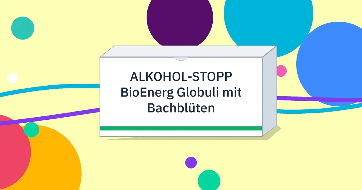 Symbolbild: Packung mit der Aufschrift ALKOHOL-STOPP BioEnerg Globuli mit Bachblüten (PZN 13985500) – Verfügbarkeit und Bezug in Apotheken in Frankfurt am Main