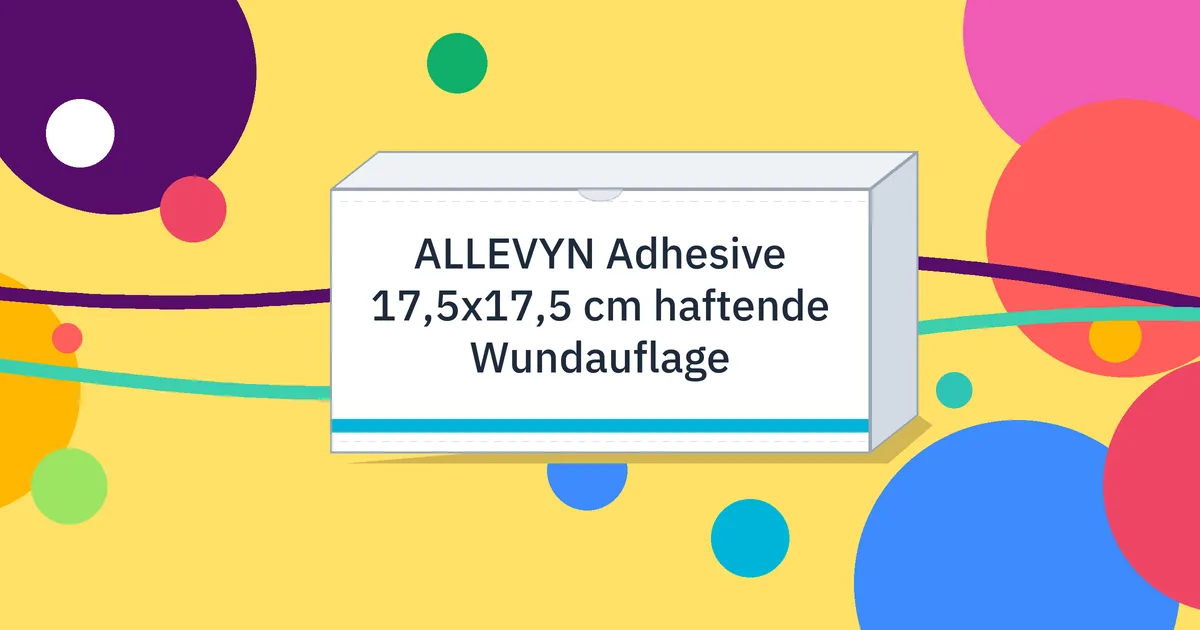 Symbolbild: Packung mit der Aufschrift ALLEVYN Adhesive 17,5x17,5 cm haftende Wundauflage (PZN 13875651) – Verfügbarkeit und Bezug in Apotheken in Frankfurt am Main