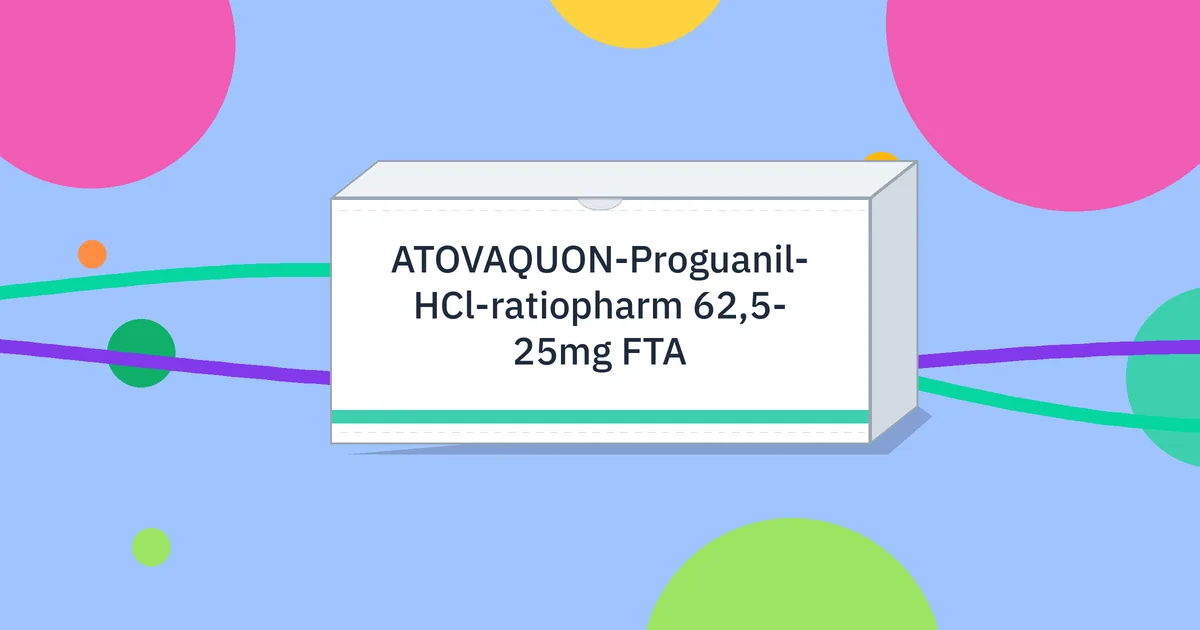 Symbolbild: Packung mit der Aufschrift ATOVAQUON-Proguanil-HCl-ratiopharm 62,5-25mg FTA (PZN 13750464) – Verfügbarkeit und Bezug in Apotheken in Frankfurt am Main