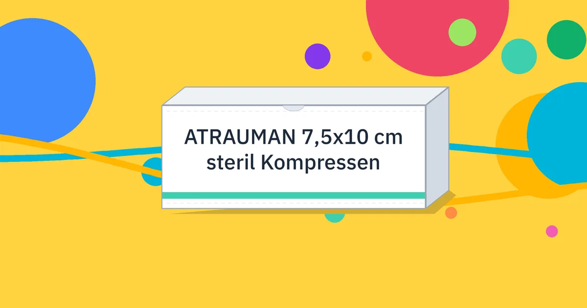 Symbolbild: Packung mit der Aufschrift ATRAUMAN 7,5x10 cm steril Kompressen (PZN 20162532) – Verfügbarkeit und Bezug in Apotheken in Frankfurt am Main