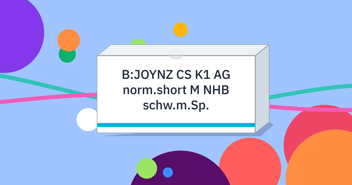 Symbolbild: Packung mit der Aufschrift B:JOYNZ CS K1 AG norm.short M NHB schw.m.Sp. (PZN 20533945) – Verfügbarkeit und Bezug in Apotheken in Frankfurt am Main