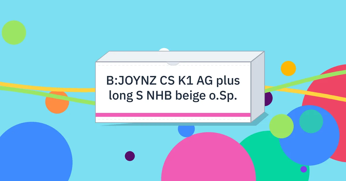 Symbolbild: Packung mit der Aufschrift B:JOYNZ CS K1 AG plus long S NHB beige o.Sp. (PZN 20534442) – Verfügbarkeit und Bezug in Apotheken in Frankfurt am Main