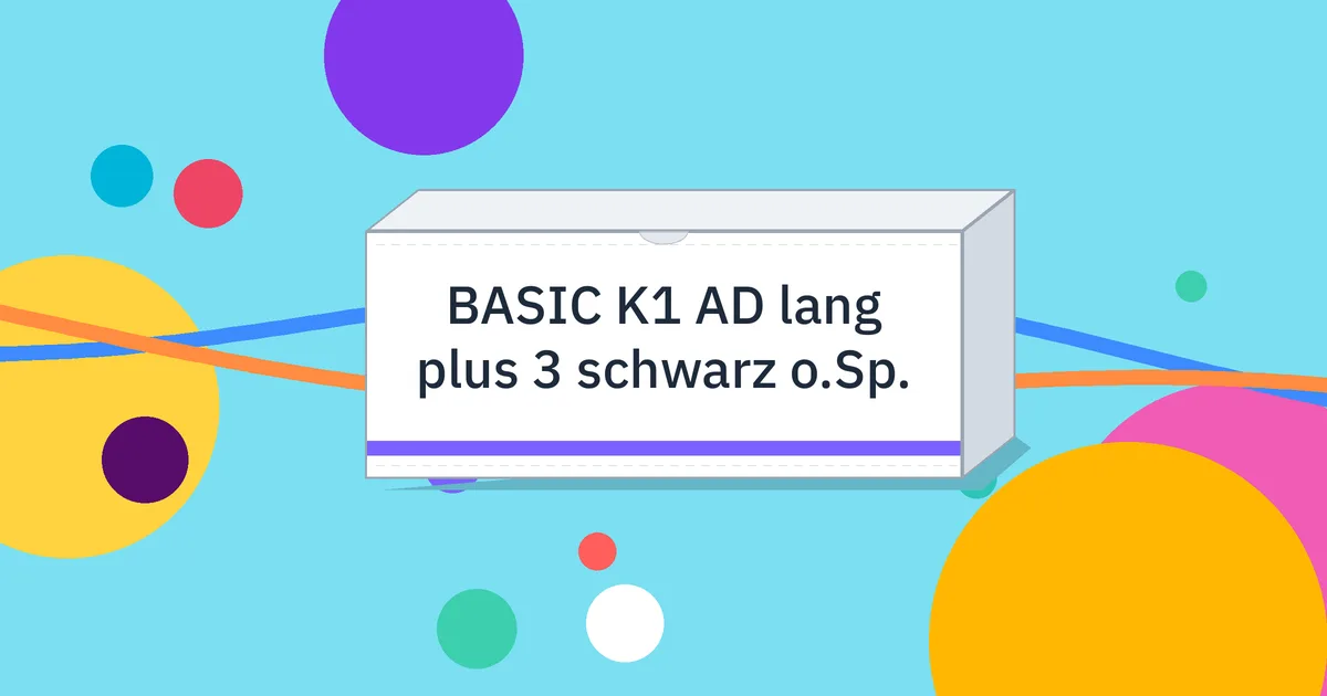 Symbolbild: Packung mit der Aufschrift BASIC K1 AD lang plus 3 schwarz o.Sp. (PZN 20257793) – Verfügbarkeit und Bezug in Apotheken in Frankfurt am Main
