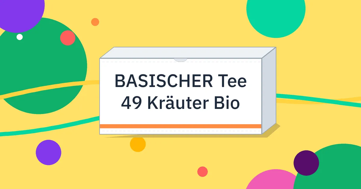 Symbolbild: Packung mit der Aufschrift BASISCHER Tee 49 Kräuter Bio (PZN 02399756) – Verfügbarkeit und Bezug in Apotheken in Frankfurt am Main